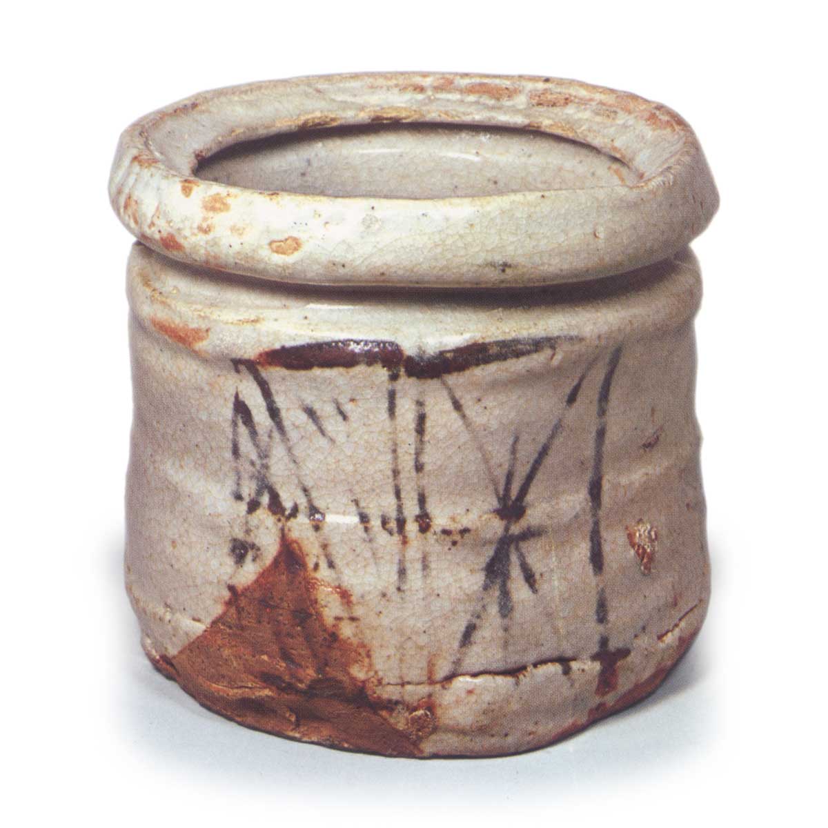 Shino water jar with notch-shaped mouth, with design of unsun-karuta ...