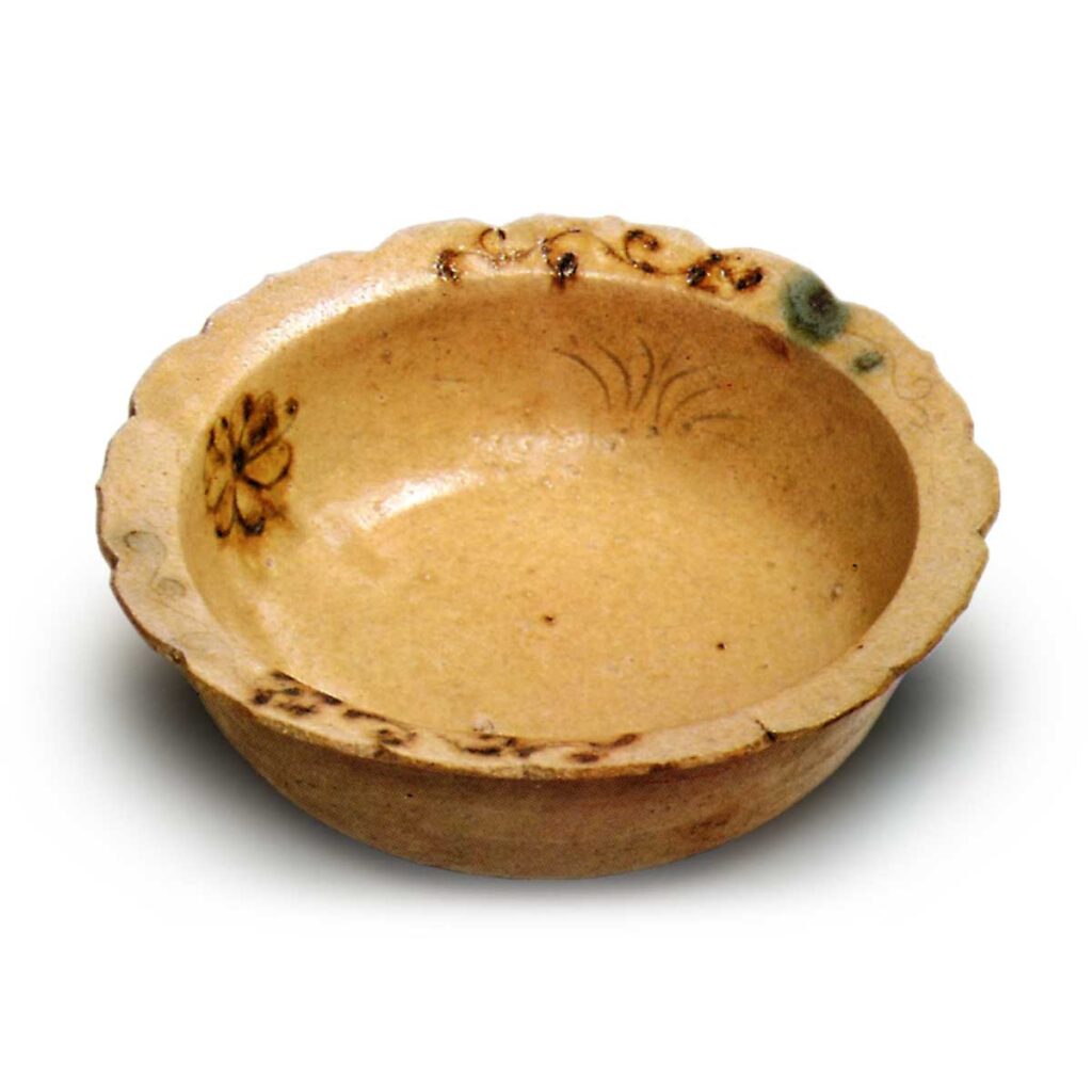 Yellow Seto bowl with scalloped rim with chrysanthemum and iris ...