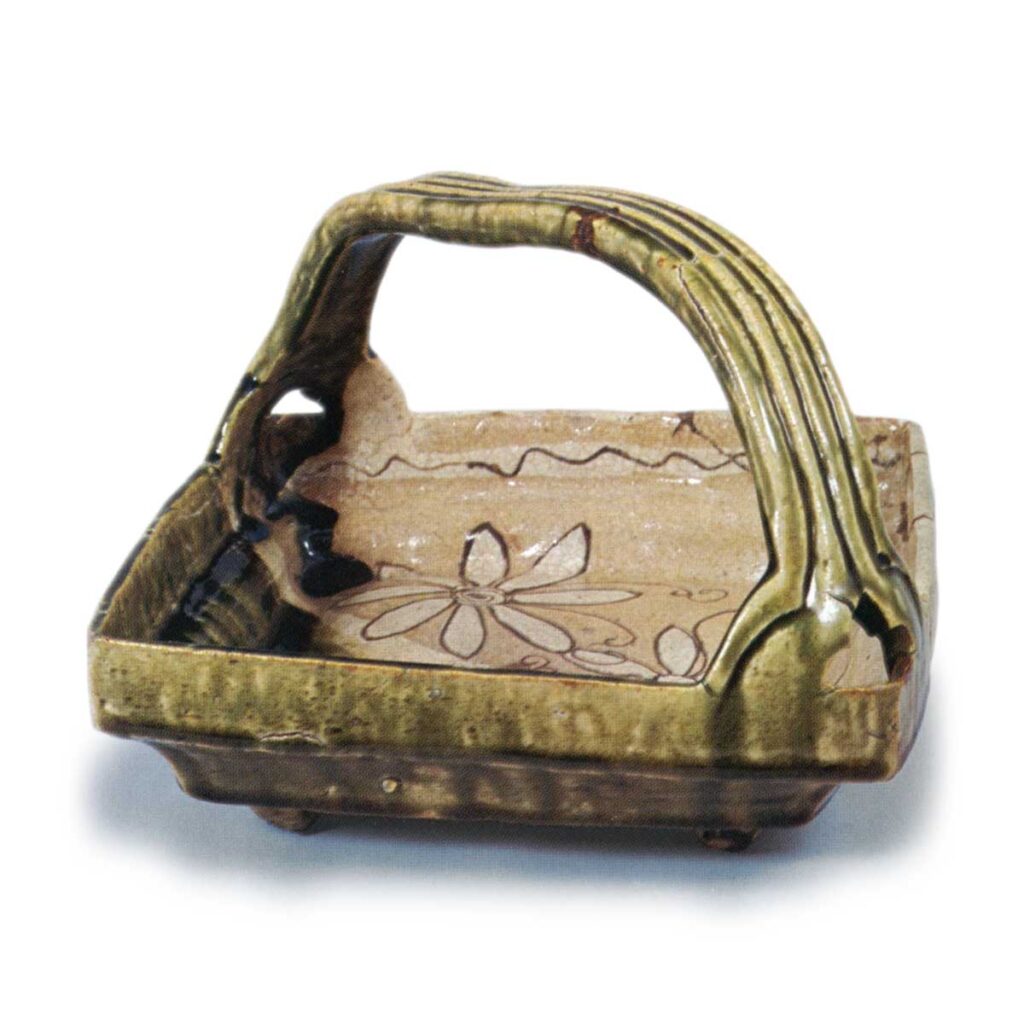 Oribe square bowl with handle across mouth with flower and grass scroll ...