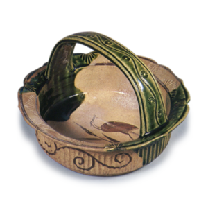 Oribe bowl with handle across mouth with reed and heron design ...